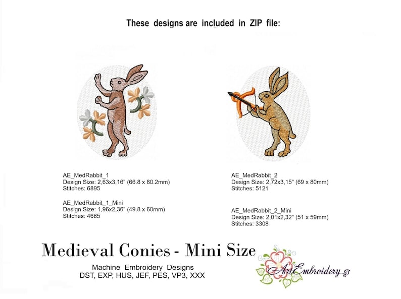 Medieval Conies Miniature Size - 2 Machine Embroidery Designs , 2 Sizes ...