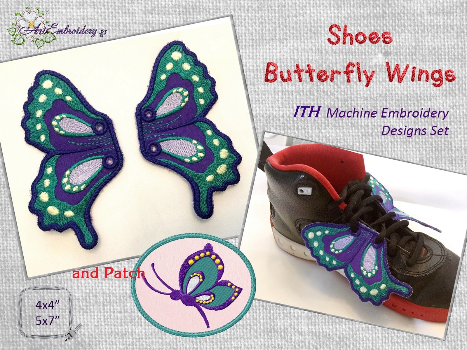 Butterfly Wings Shoes Patch: ITH Machine Embroidery Design (4x4" and ...