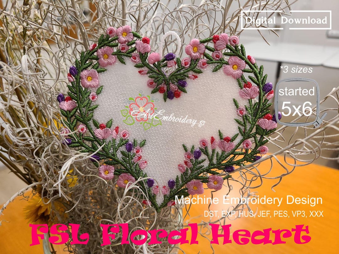 FSL Floral Heart Machine Embroidery Design: Lace In-the-hoop (ITH) - Etsy