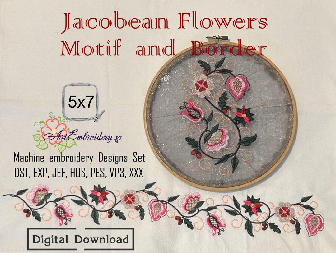 Jacobean Floral Machine Embroidery Designs: 5x7 Border Motif (digital ...