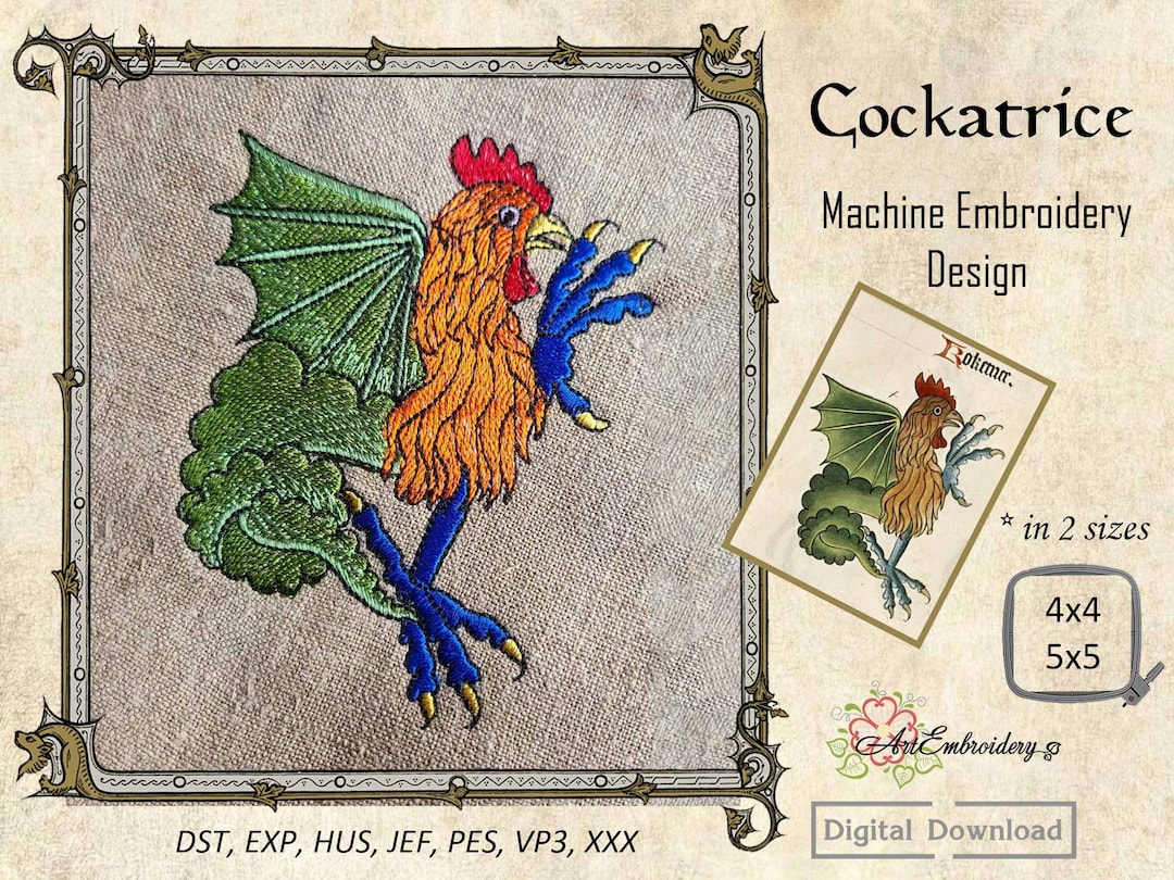 Cockatrice Embroidery Design: Medieval Bestiary Creature (4x4, 5x5 Hoop ...