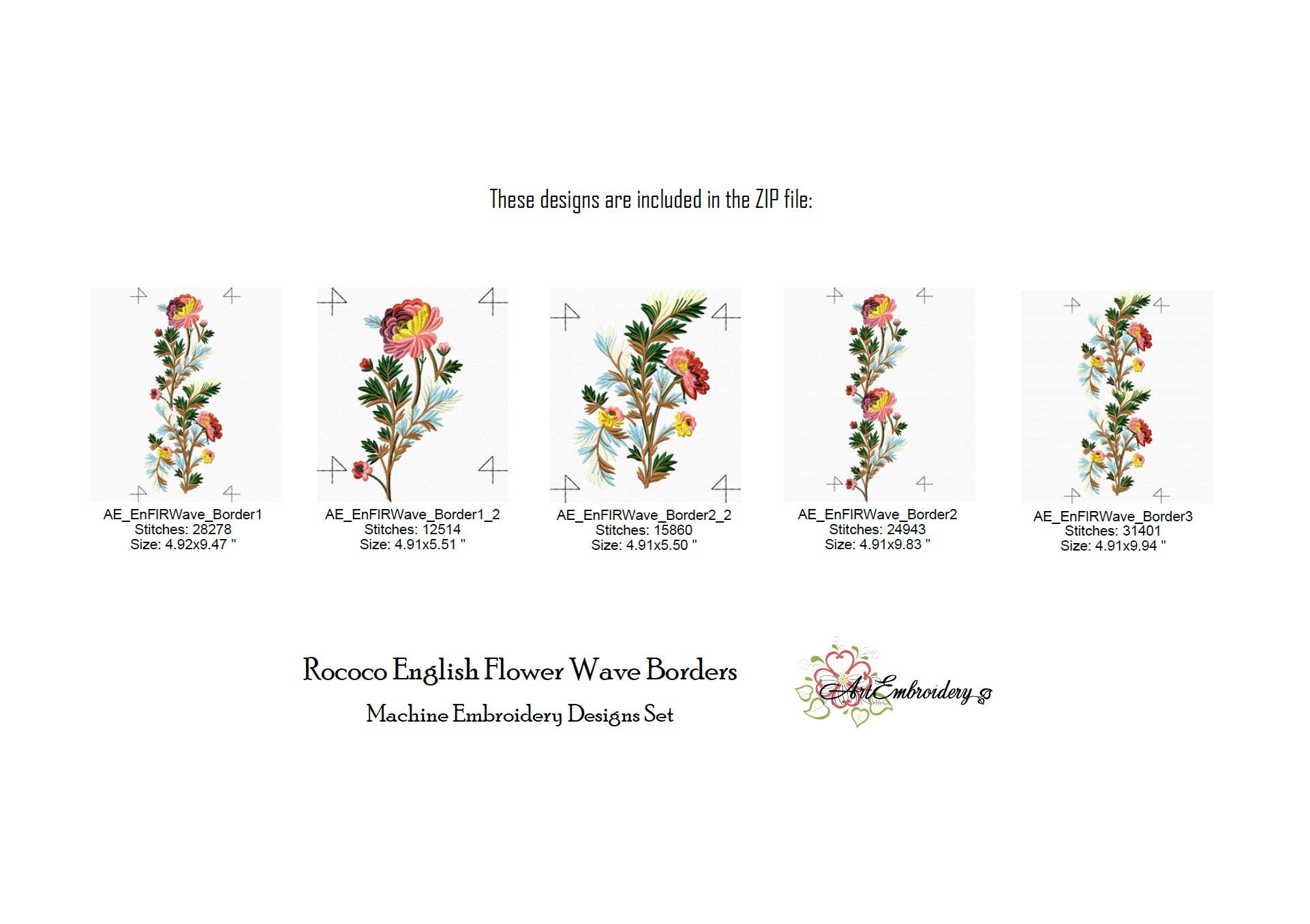 Rococo Flower Embroidery Designs: 18th Century Wave Borders (5x7, 6x10 ...