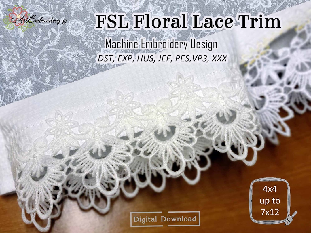 Floral Lace Trim: FSL Machine Embroidery Border Design (digital ...