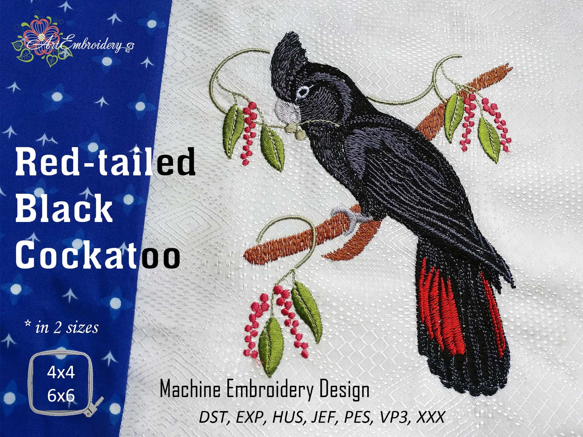 Red-tailed Black Cockatoo Machine Embroidery Design (4x4 and 6x6 ...