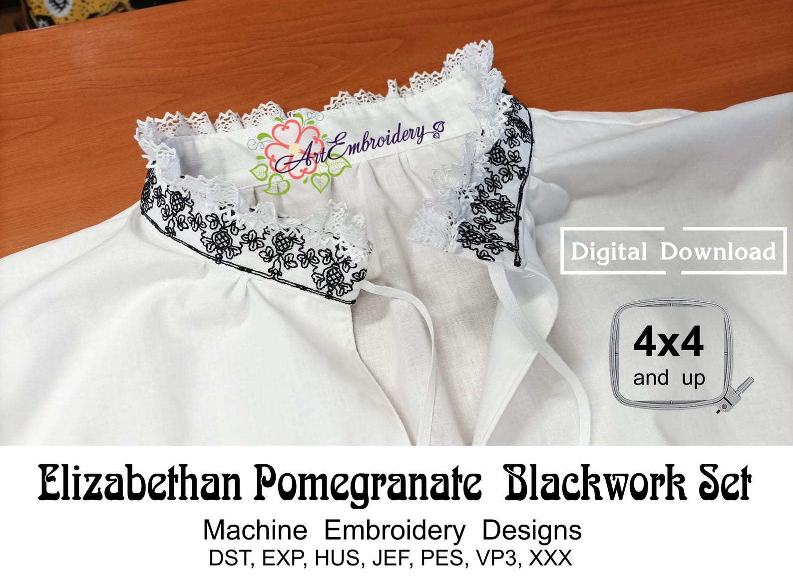 Elizabethan Pomegranate Blackwork Borders - Machine Embroidery Designs ...
