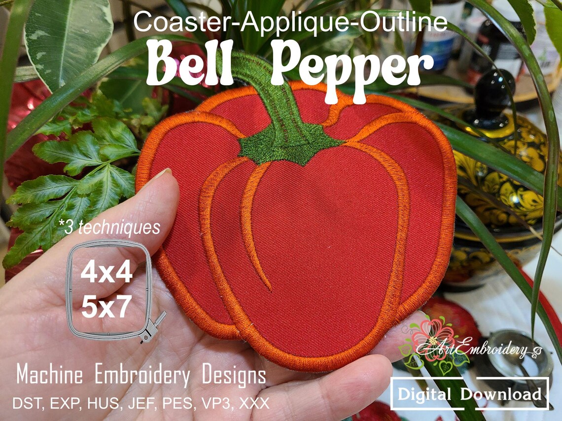 Bell Pepper Coaster Machine Embroidery Design: Applique Outline (4x4 ...