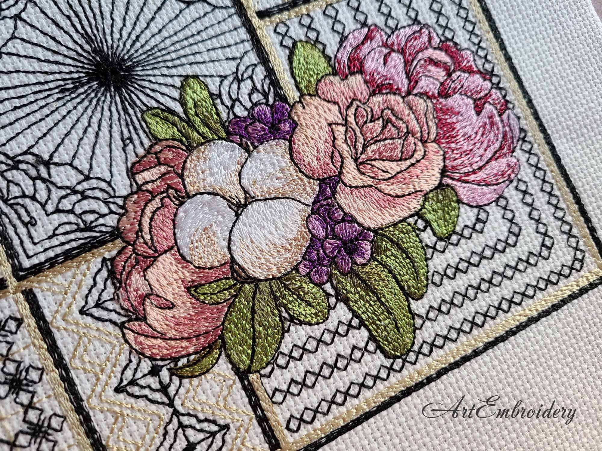 Blackwork Frame With Watercolor Flowers Bouquet - Machine Embroidery ...