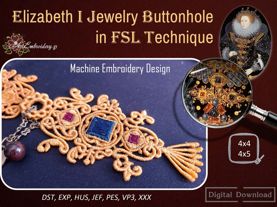 Elizabeth I Jewelry Buttonhole: FSL Machine Embroidery Design (digital ...