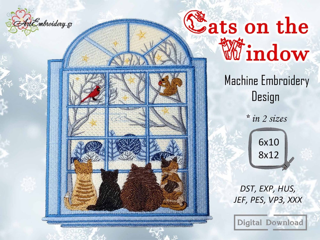 Cats on Winter Window Machine Embroidery Design (6x10, 8x12" Hoop) - Etsy