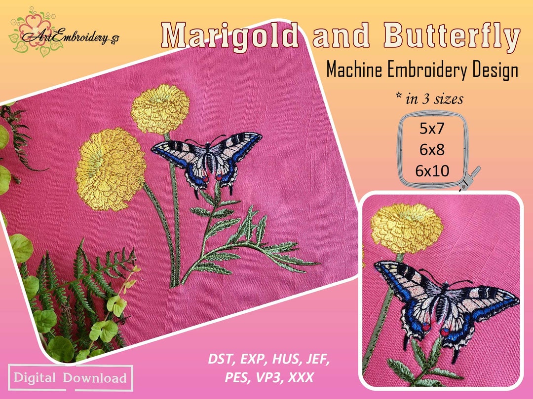Marigold Butterfly Machine Embroidery Design: Garden Flower (5x7, 6x8 ...