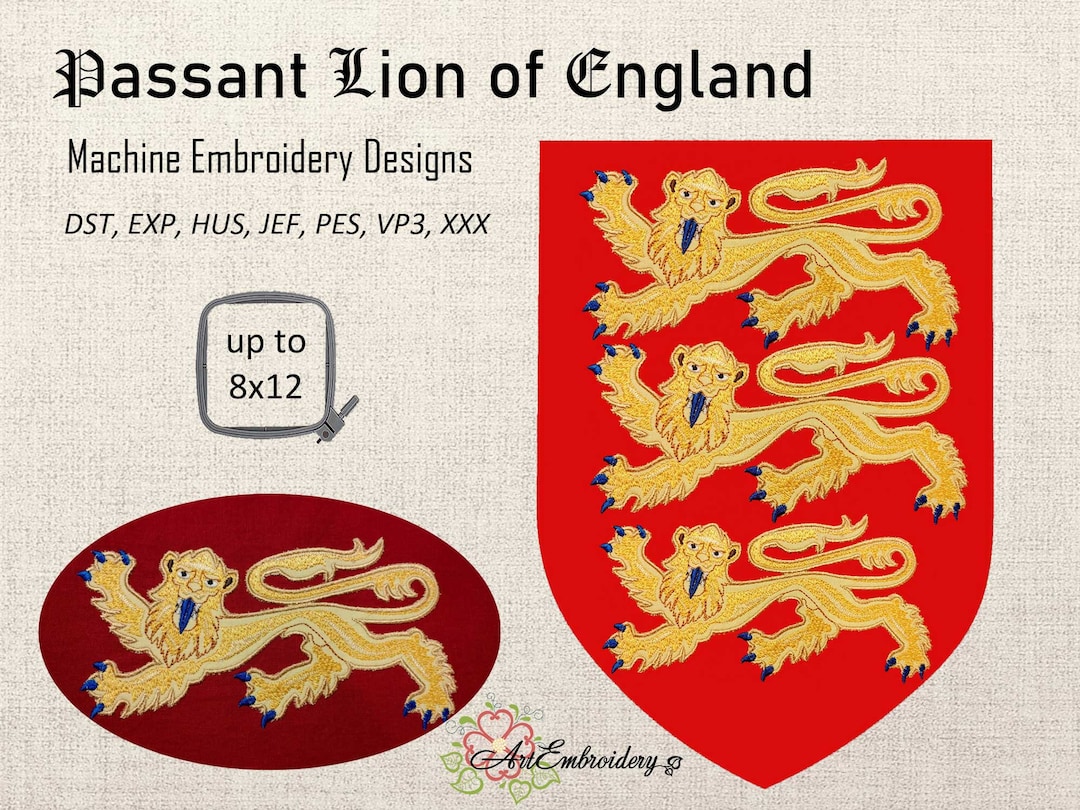 Passant Lion of England - Machine Embroidery Applique Design for Hoop ...