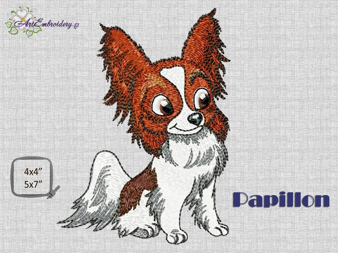 Papillon Dog Machine Embroidery Animal Design in Cartoon | Etsy