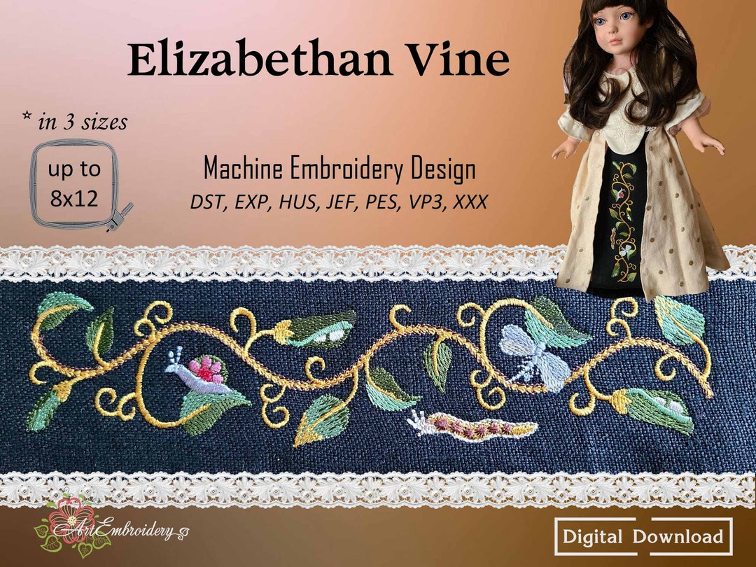 Elizabethan Vine Machine Embroidery Design: Flora Fauna Border (digital ...