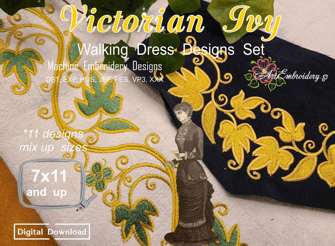 Victorian Ivy Machine Embroidery Designs: Walking Dress Motifs (7x11 ...
