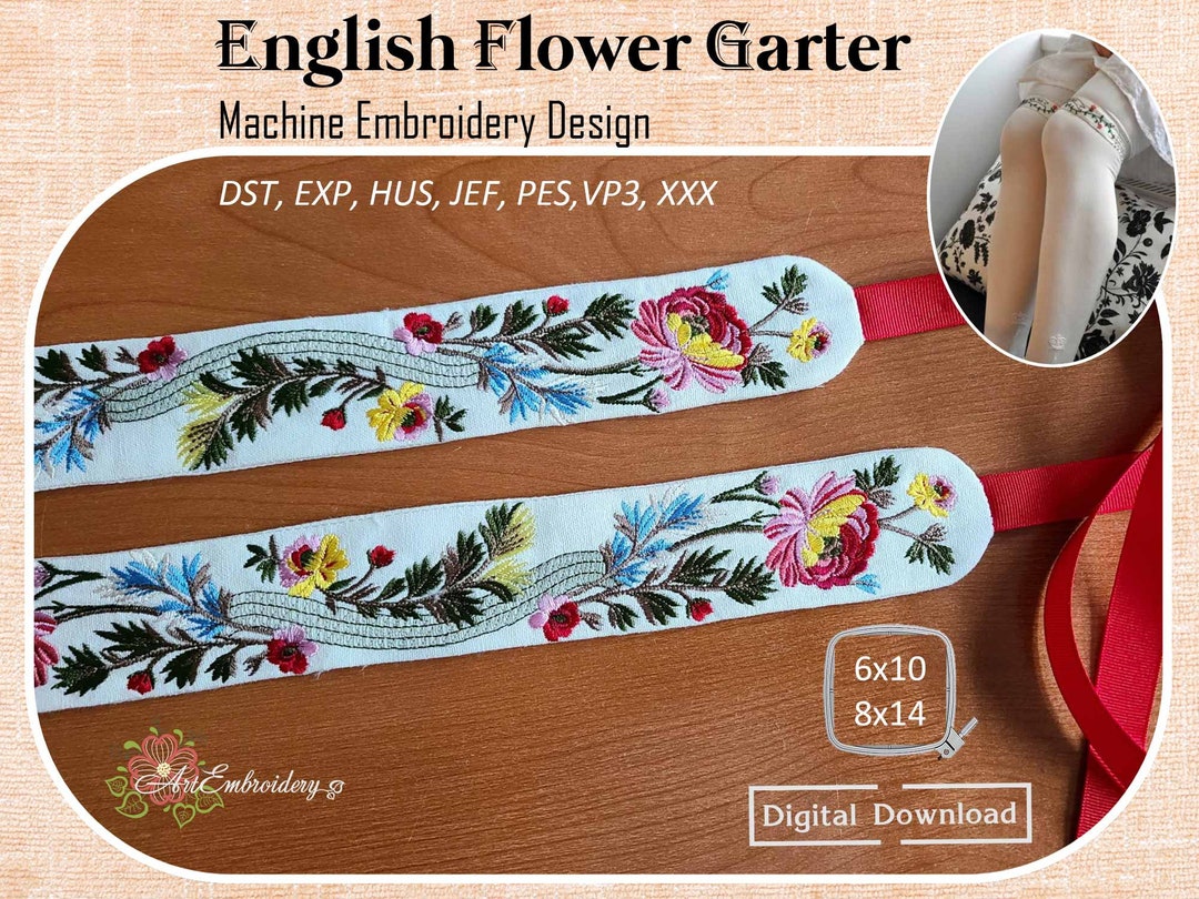 English Flower Rococo Garter - Machine Embroidery Historical Design ...
