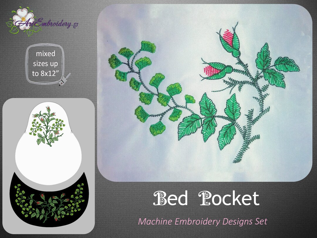 Victorian Bed Pocket Machine Embroidery Designs: Rosebuds, Fern (8x8 ...