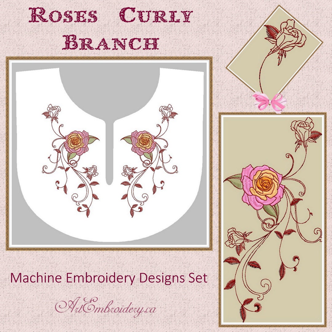 Roses Curly Branch Machine Embroidery Split for Hoop 4x4 and , 6x8 and ...