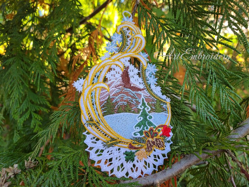 FSL Mountain Scenery Ornament: Machine Embroidery Lace Design (6x8 ...