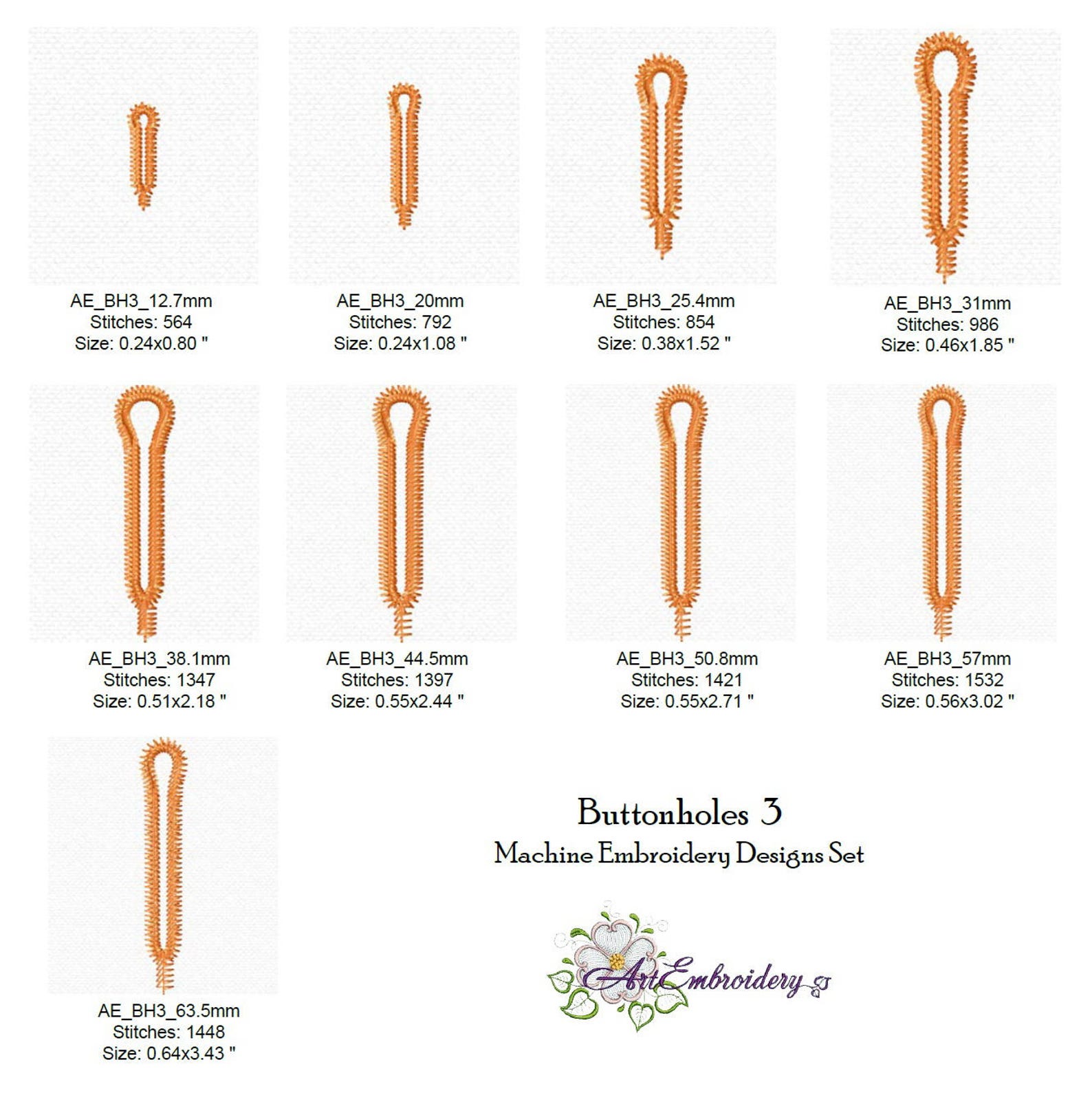 Buttonholes 3 Machine Embroidery Designs Set of Nine Sizes Eyelet ...