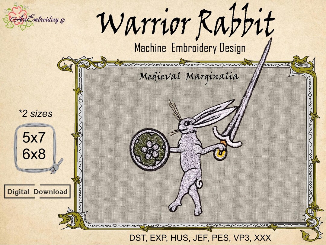 Warrior Rabbit - Medieval Marginalia - Machine Embroidery Design, 2 ...