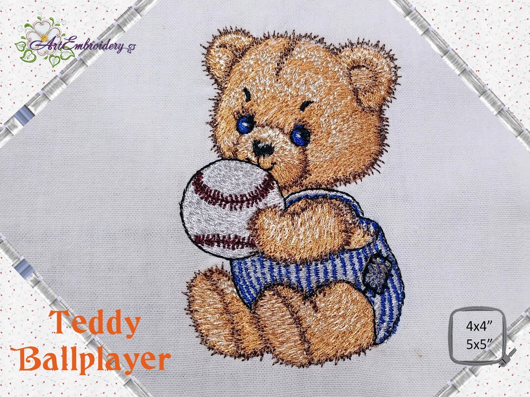 Teddy Bear Baseball Player Machine Embroidery Design (4x4 and 5x5 ...