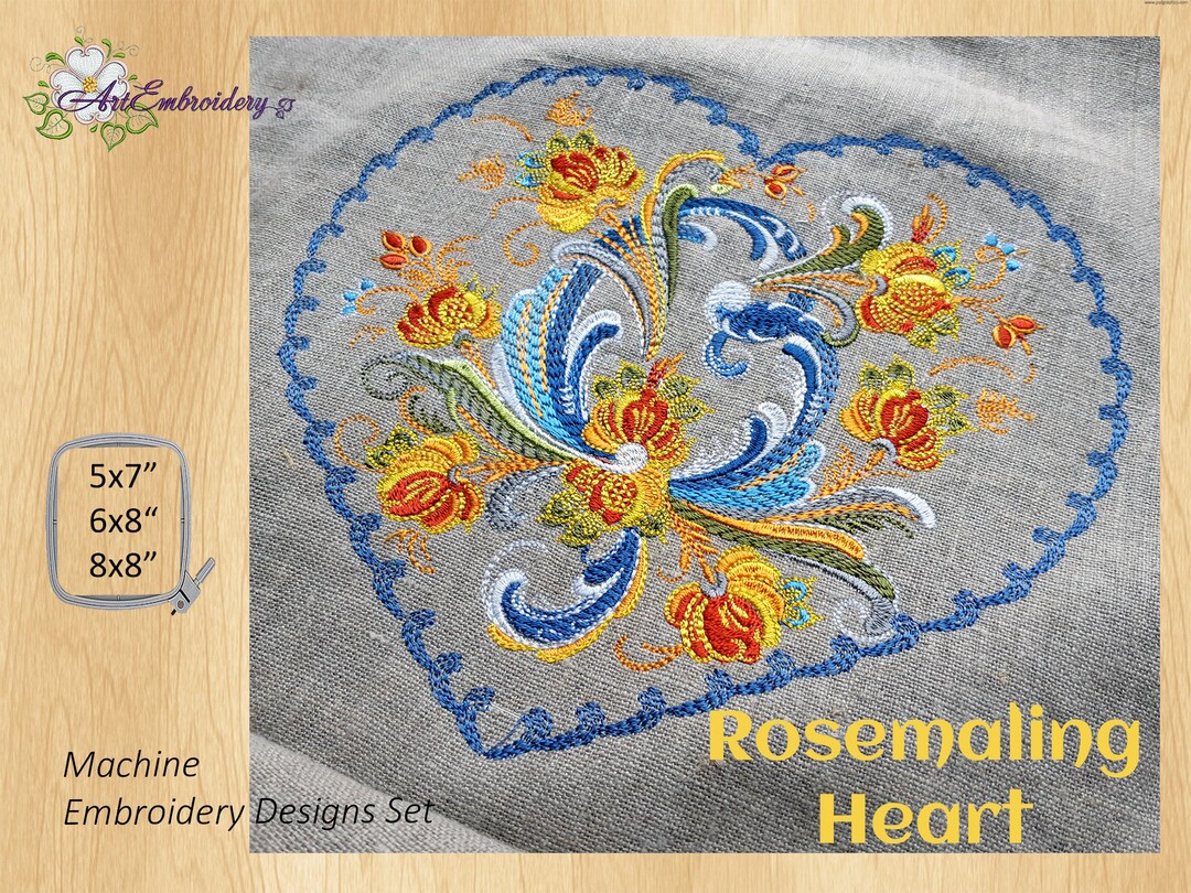 Rosemaling Heart Machine Embroidery Design: Norwegian Folk Art (8x8 ...