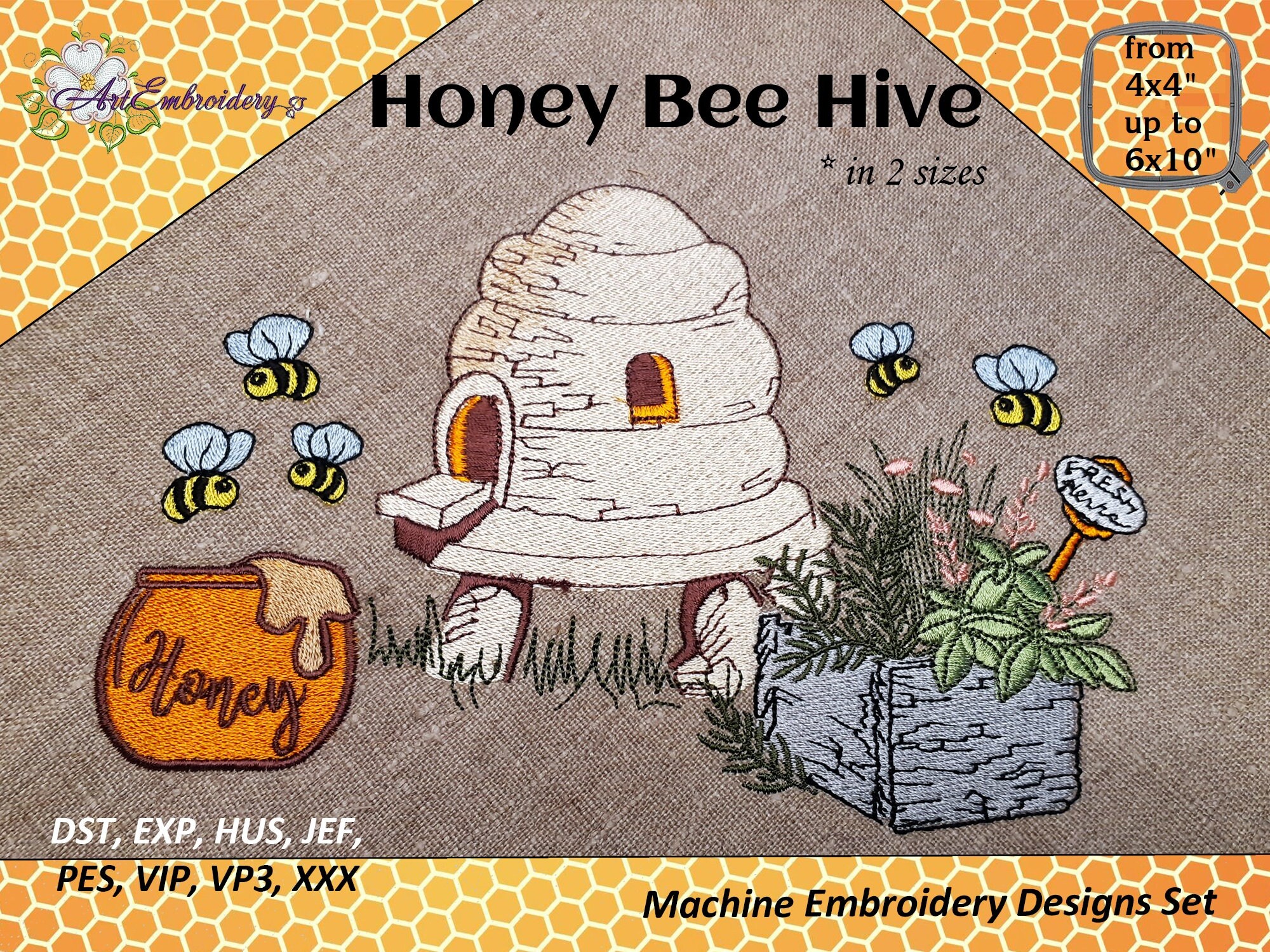 Sewing & Fiber Bee on Hive and Bee on Honey Comb Embroidery Machine ...