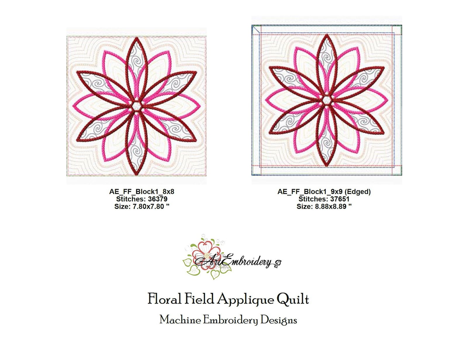 Floral Applique Quilt Block: Star Flower Embroidery Design (8x8" and ...