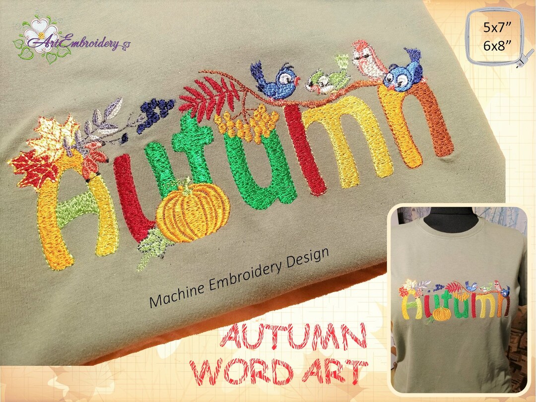 Autumn Word Art - Machine Embroidery Design in 2 Sizes for Hoops 5x7 ...