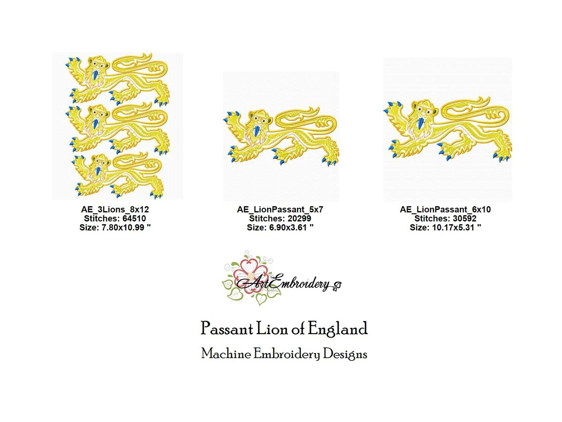 Passant Lion of England - Machine Embroidery Applique Design for Hoop ...