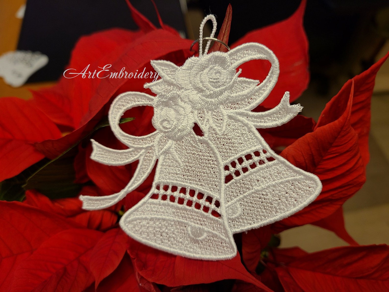 FSL Roses and Bow Bell: Machine Embroidery Lace Ornament (digital ...