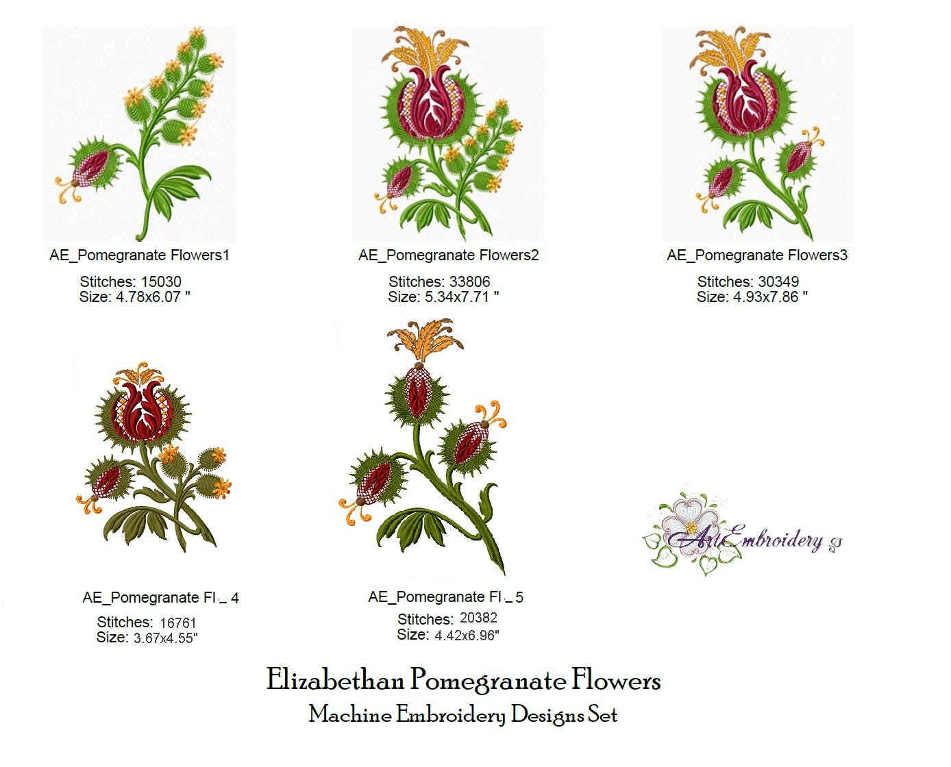 Elizabethan Pomegranate Flowers - Machine Embroidery Designs Set for ...