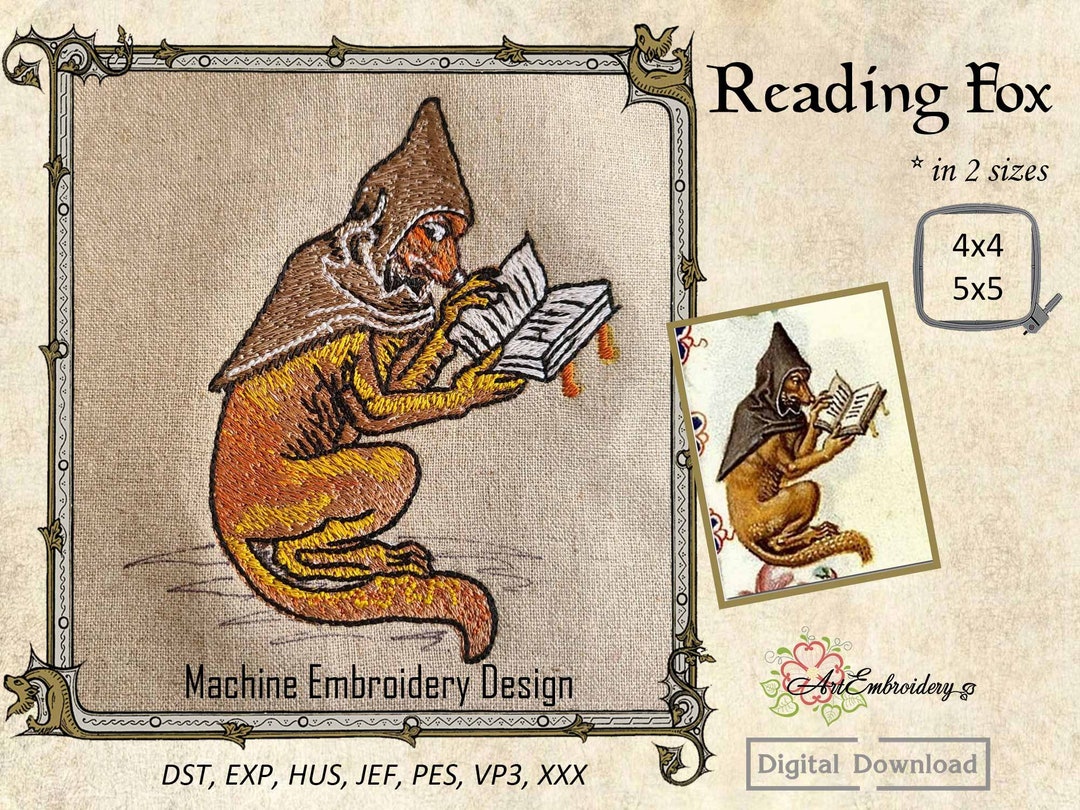Reading Fox Machine Embroidery Design: Medieval Bestiary (4x4, 5x5 ...