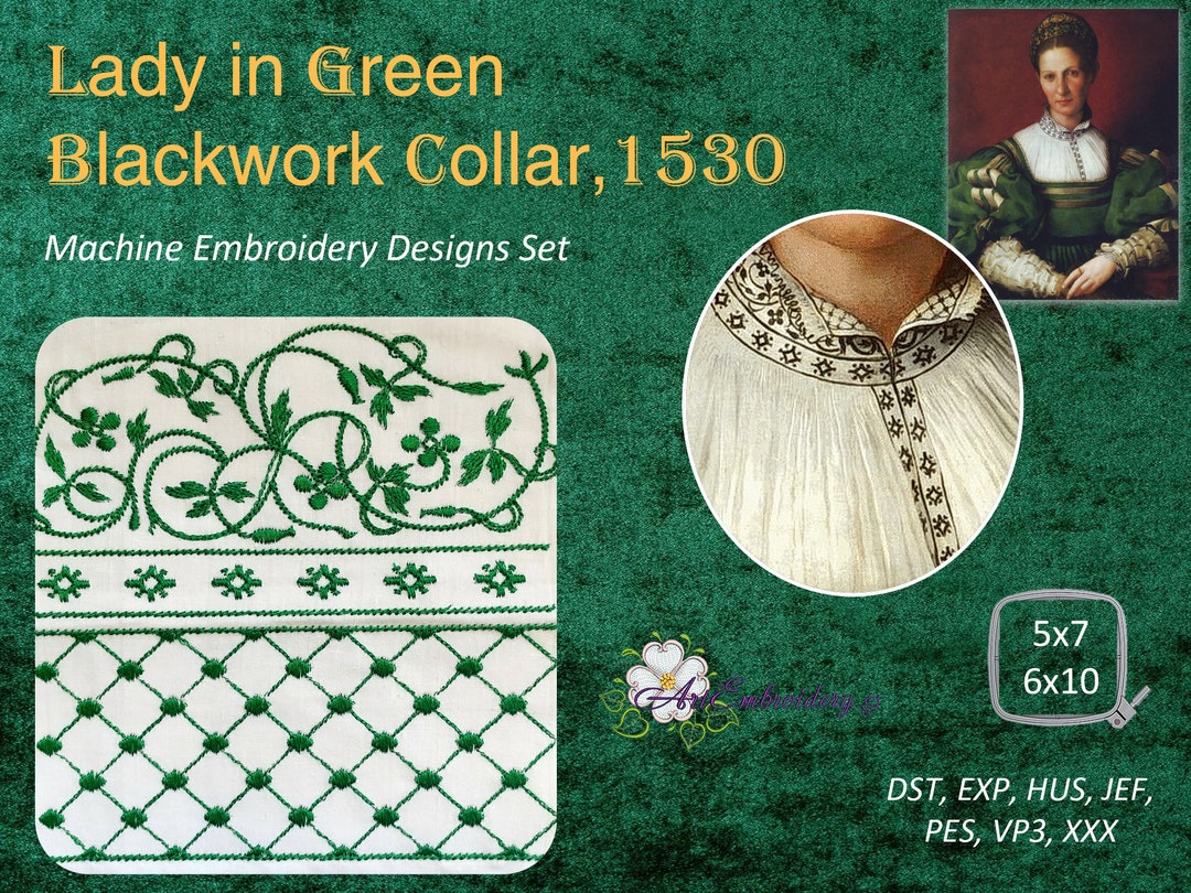 Lady in Green Blackwork Collar Machine Embroidery Designs Set - Etsy