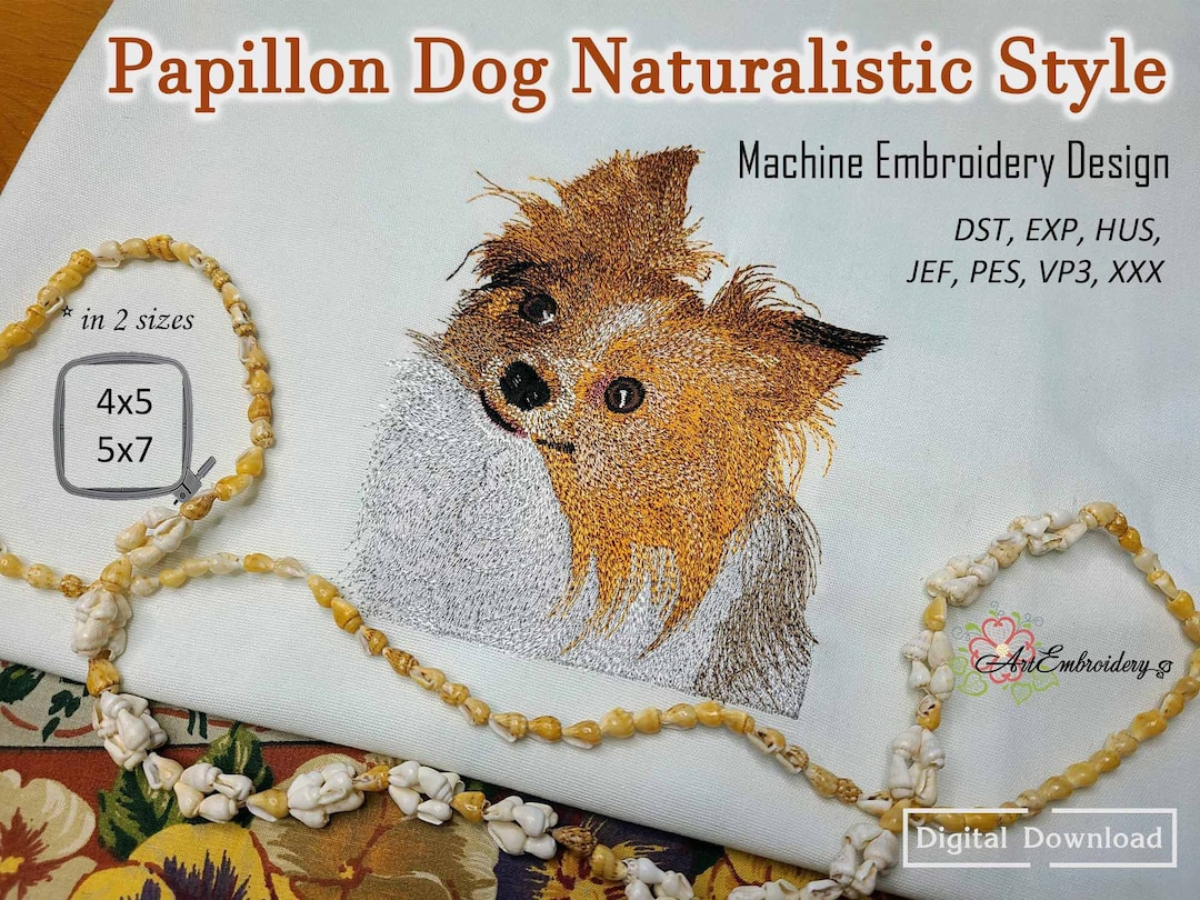 Papillon Dog - Naturalistic Style - Machine Embroidery Pets Design in 2 ...