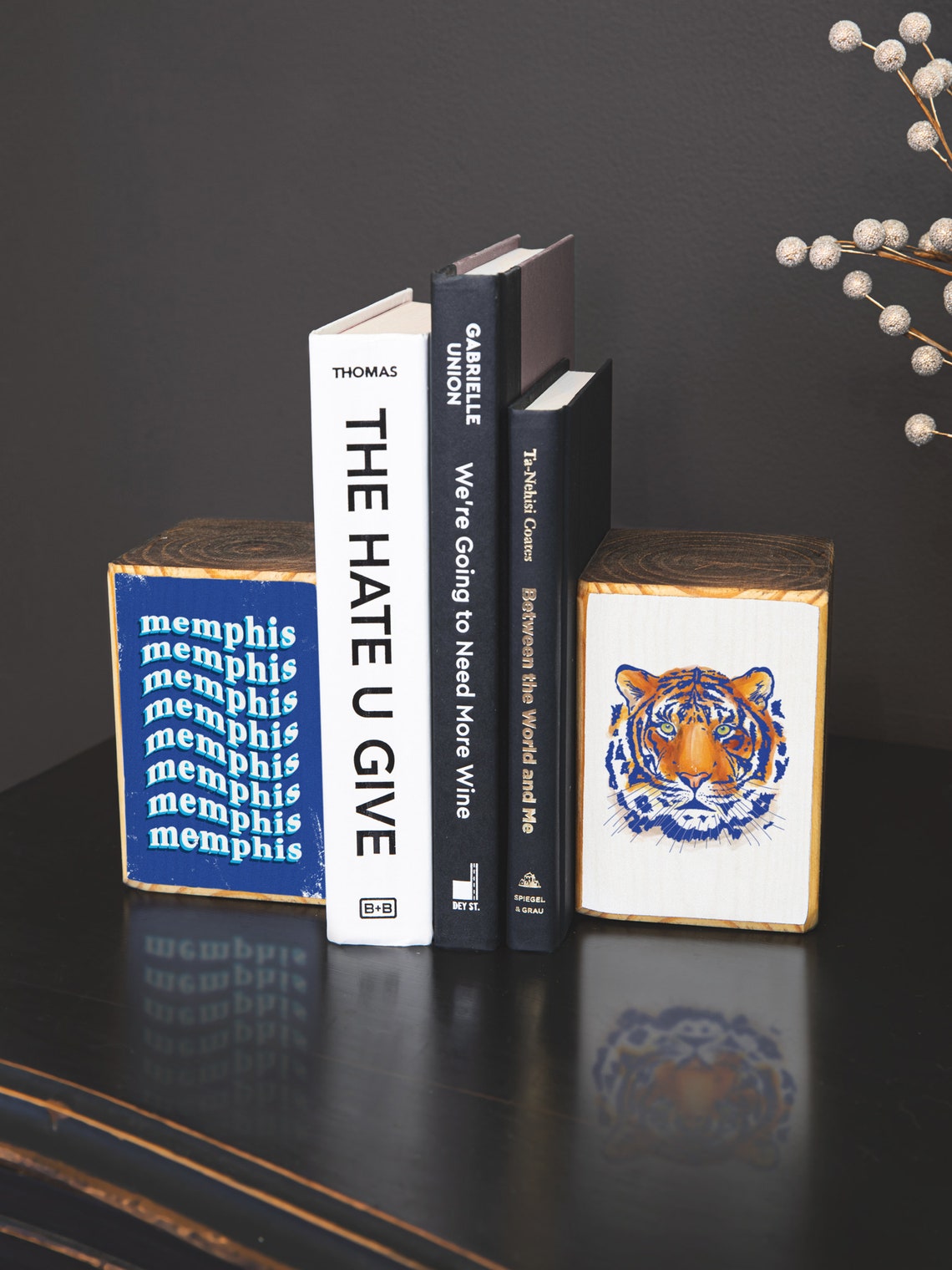 Wood Bookends With Tiger Illustration Memphis Typography | Etsy