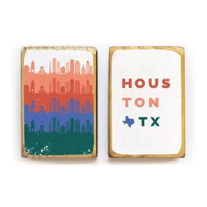 Wood Bookends With Houston, Texas, Retro Skyline Silhouette City ...