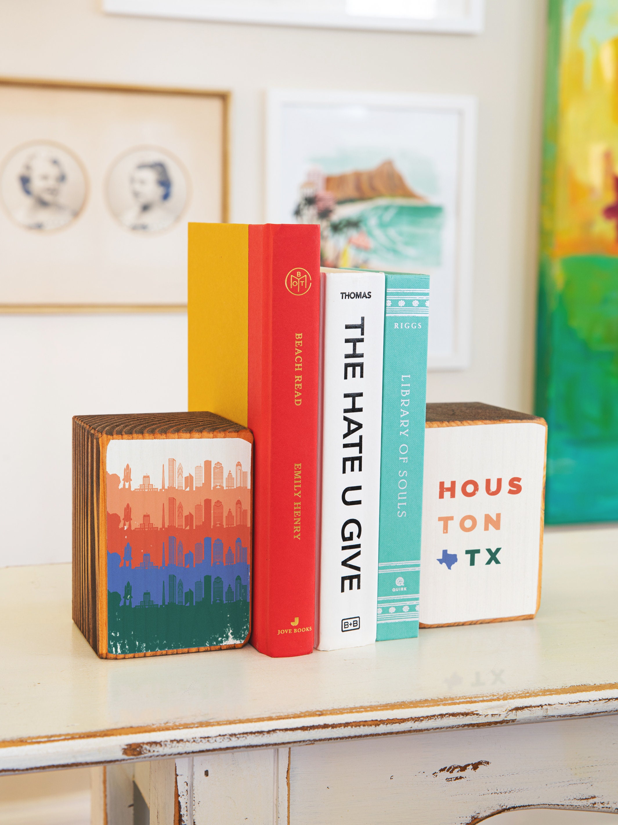 Wood bookends with Houston Texas retro skyline silhouette | Etsy