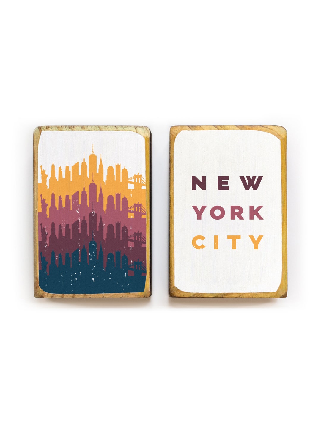 Wood Bookends With New York City, New York, Retro Skyline Silhouette ...