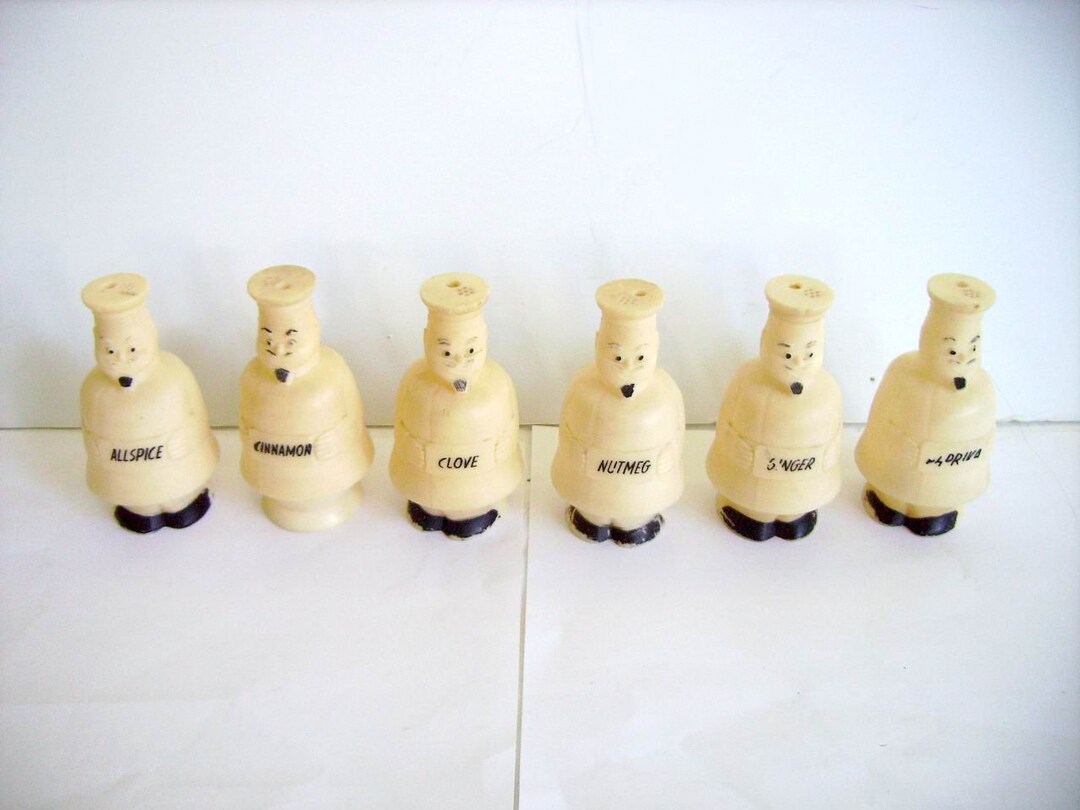 Vintage 1950's Figural Chef Spice Jars Set of 6/vintage Kitchen Spice ...