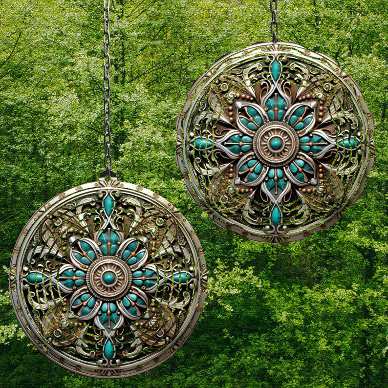 3d Silver Turquoise Mandala Wind Spinner Western Mandala Wind - Etsy