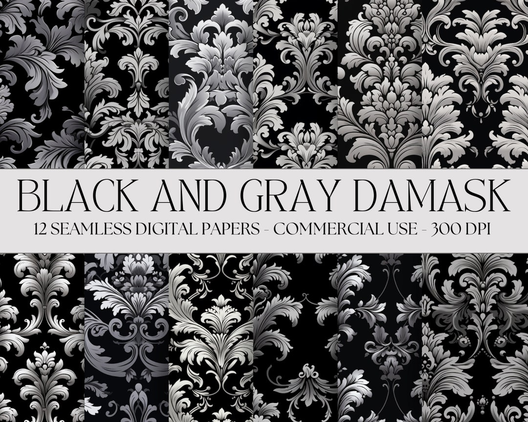 Black Damask Digital Paper Seamless Brocade Textures Black Gray Silver ...