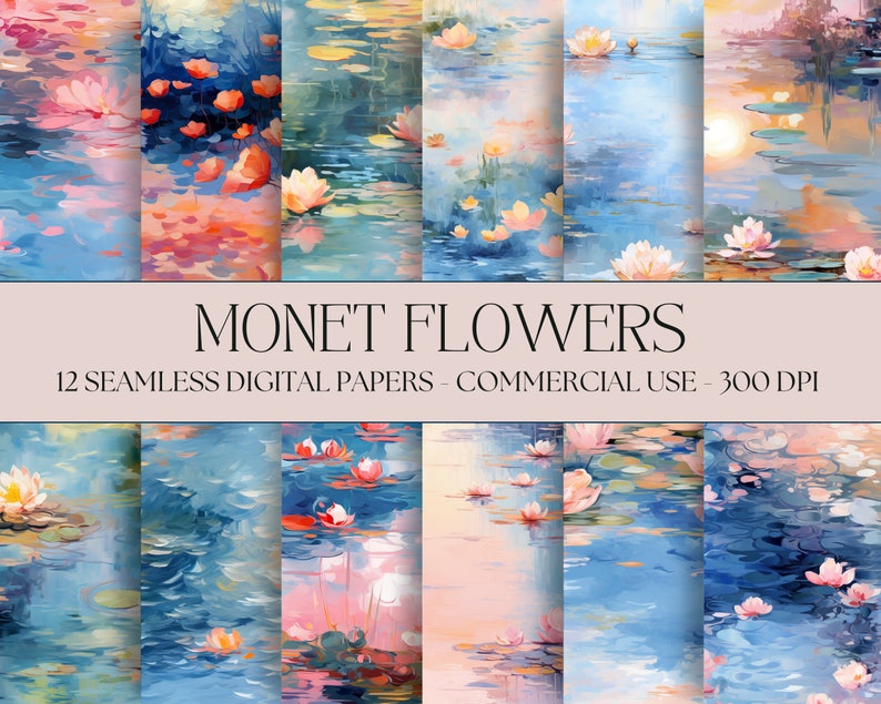 Monet Flower Digital Paper Seamless Water Lily Flowers Backgrounds 12 ...