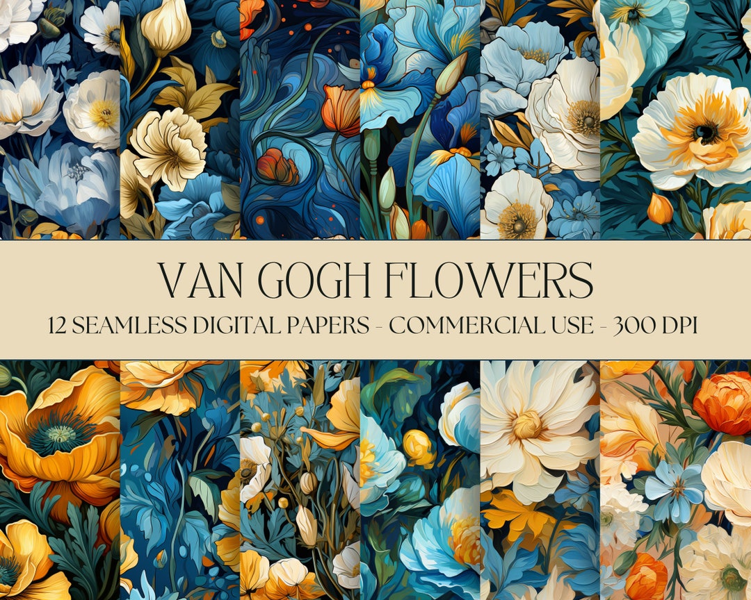 Van Gogh Flower Digital Paper Seamless Saturated Flowers Backgrounds 12 ...