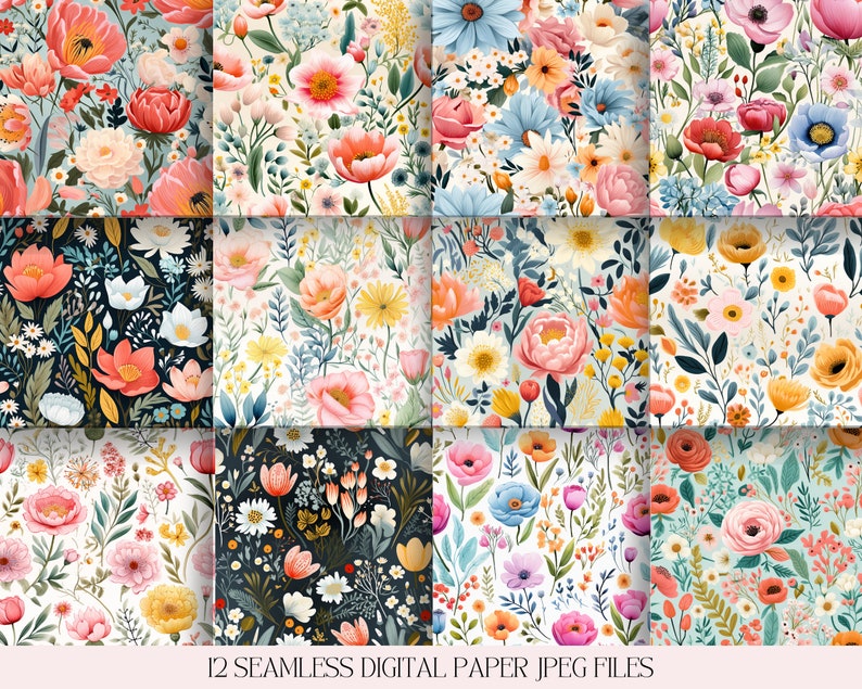 Spring Flower Digital Paper Seamless Watercolor Flower Backgrounds 12 ...