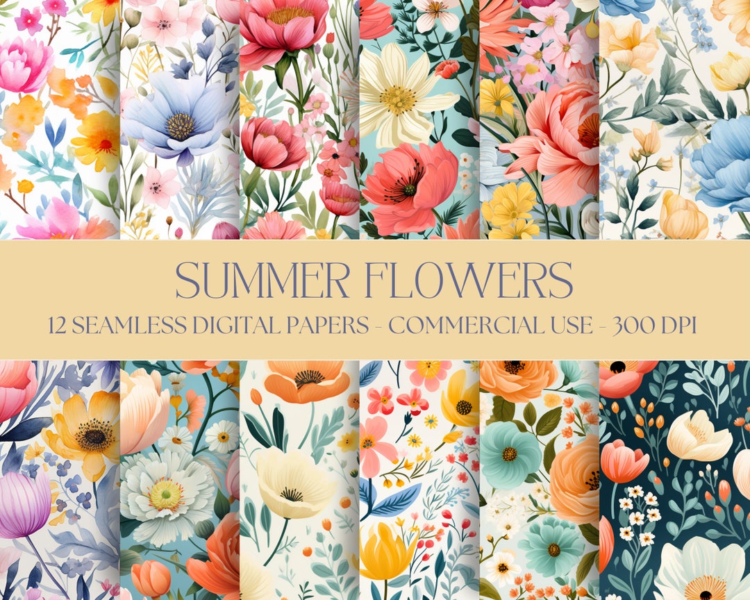Summer Flower Digital Paper Seamless Watercolor Flower Backgrounds 12 ...