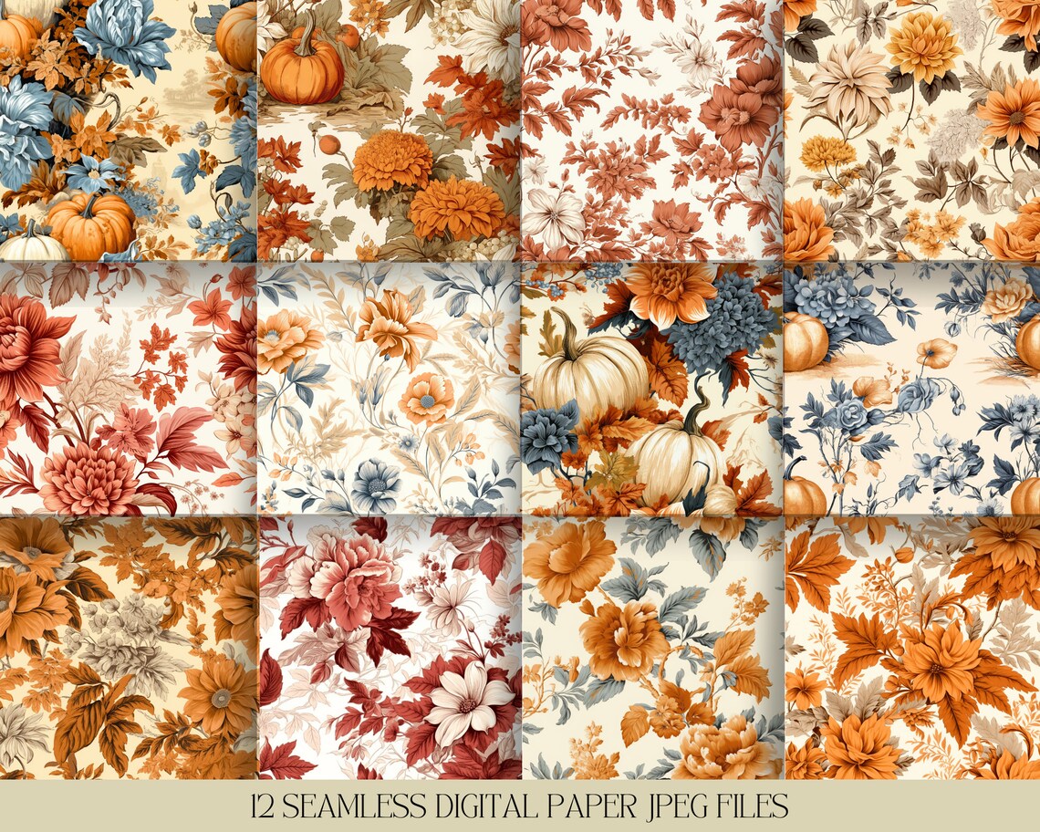 Fall Flower Digital Paper Seamless Toile Art Romantic Floral Textures ...