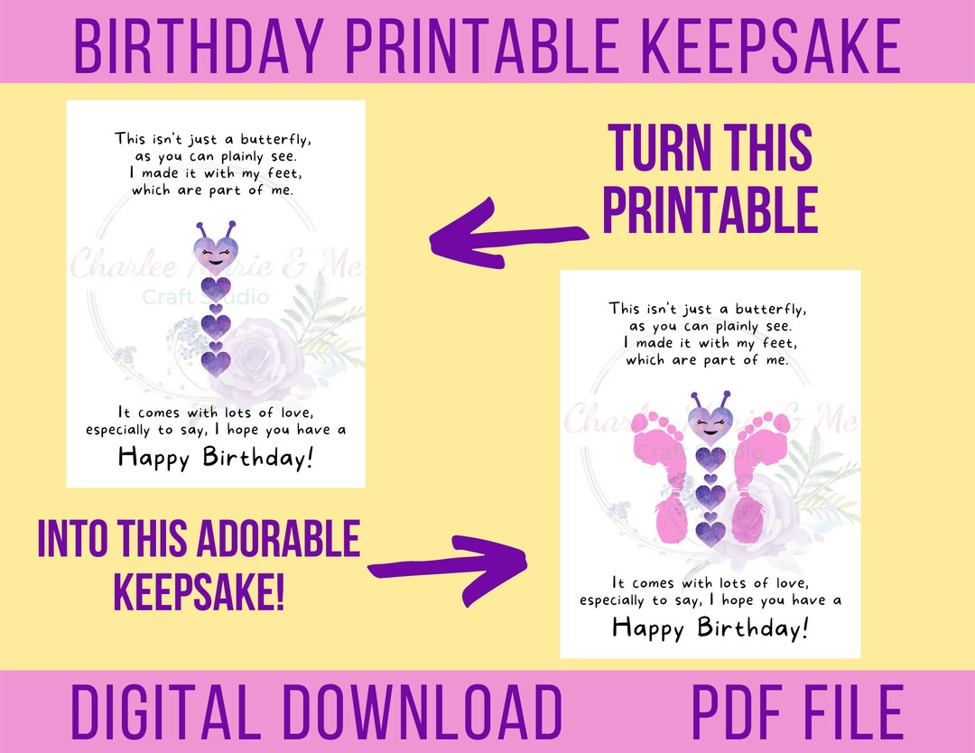 Birthday Printable Gift, Birthday Footprints, Footprint Butterfly ...