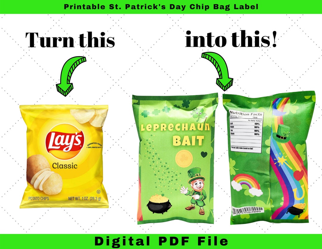 St. Patrick's Day Chip Bag, St. Patrick's Day Snack Wrapper, Leprechaun ...