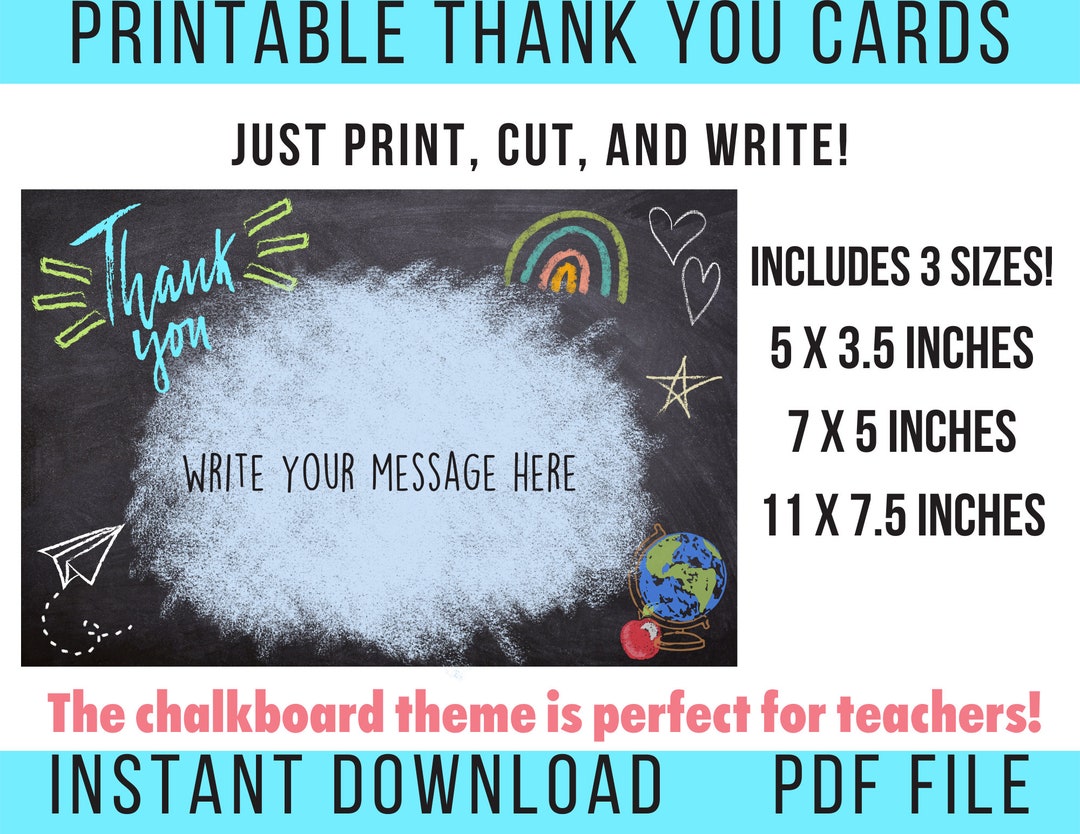 Teacher Themed Thank You Cards, Printable Thank You Cards, Printable ...